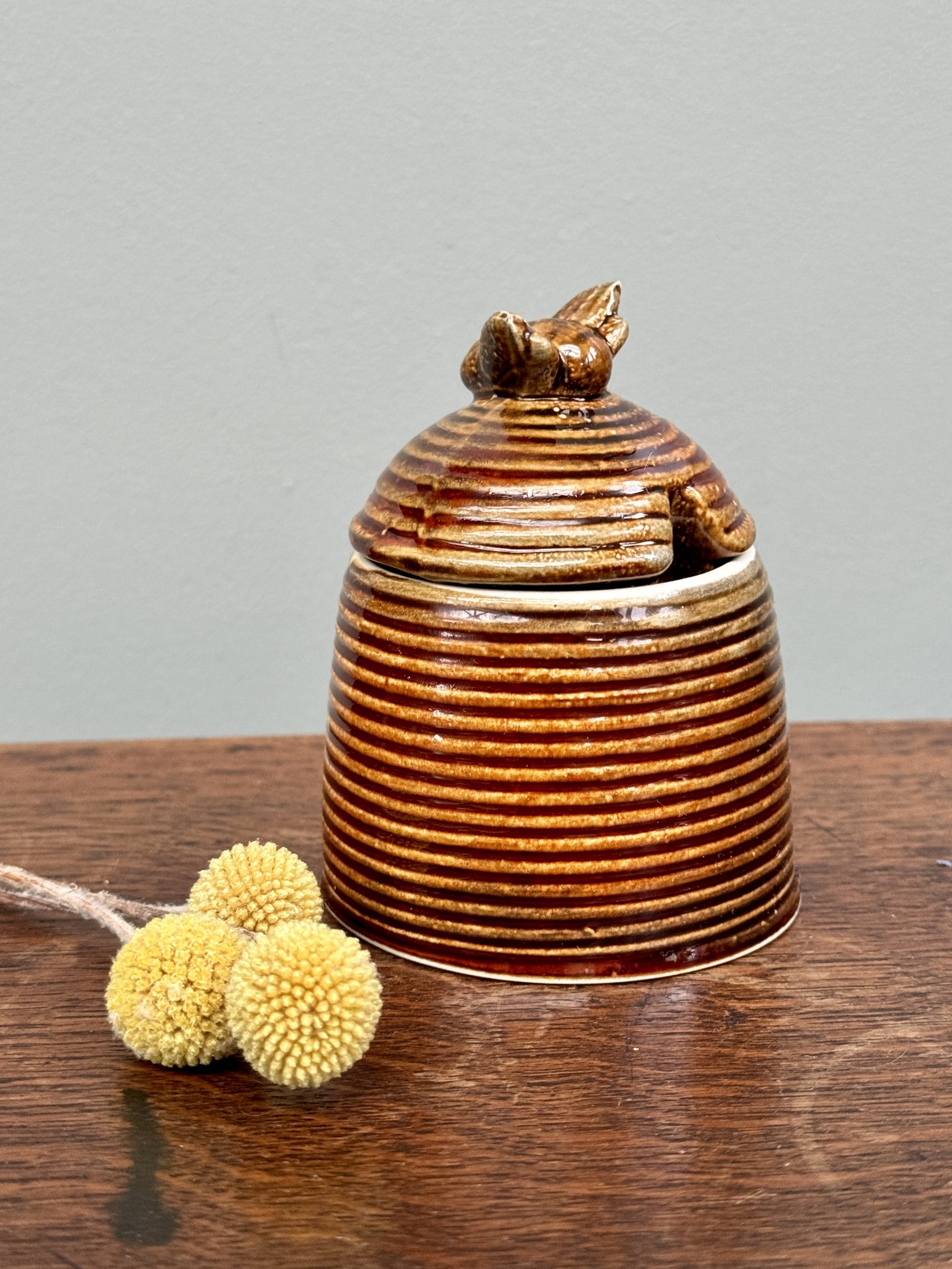 New Devon brown honey pot with bee decorated lid - All The Little Treasure